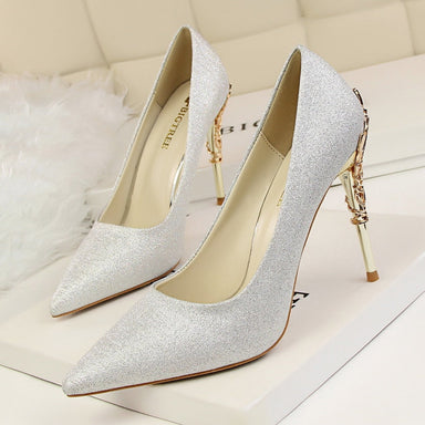 Luxury 10cm High Heels Woman Metal Carving Heels Satin Silk Dress Pump ...