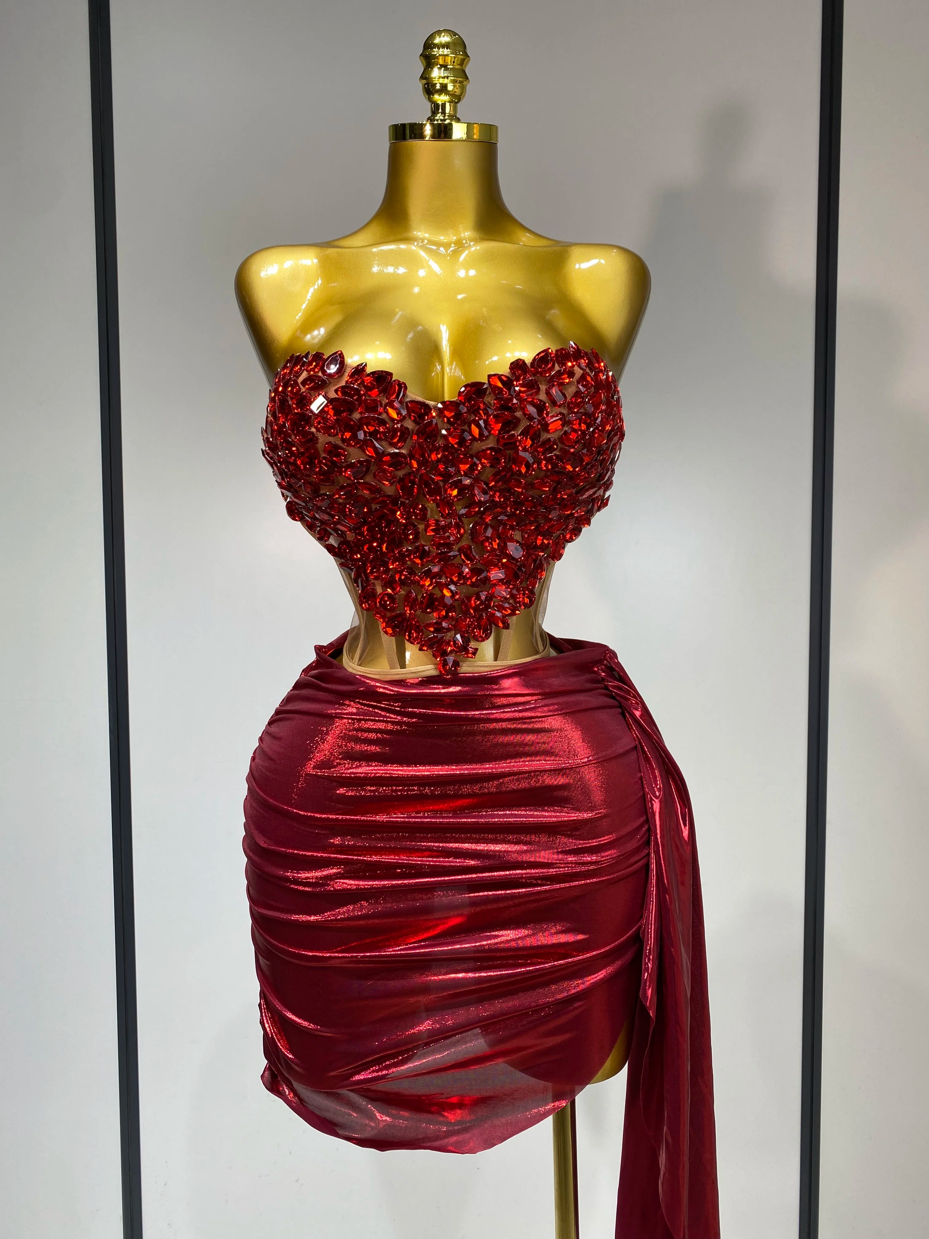 Sparkly Red Diamond Sexy Top Two Pieces Set Women Celebrate Party Luxu ...