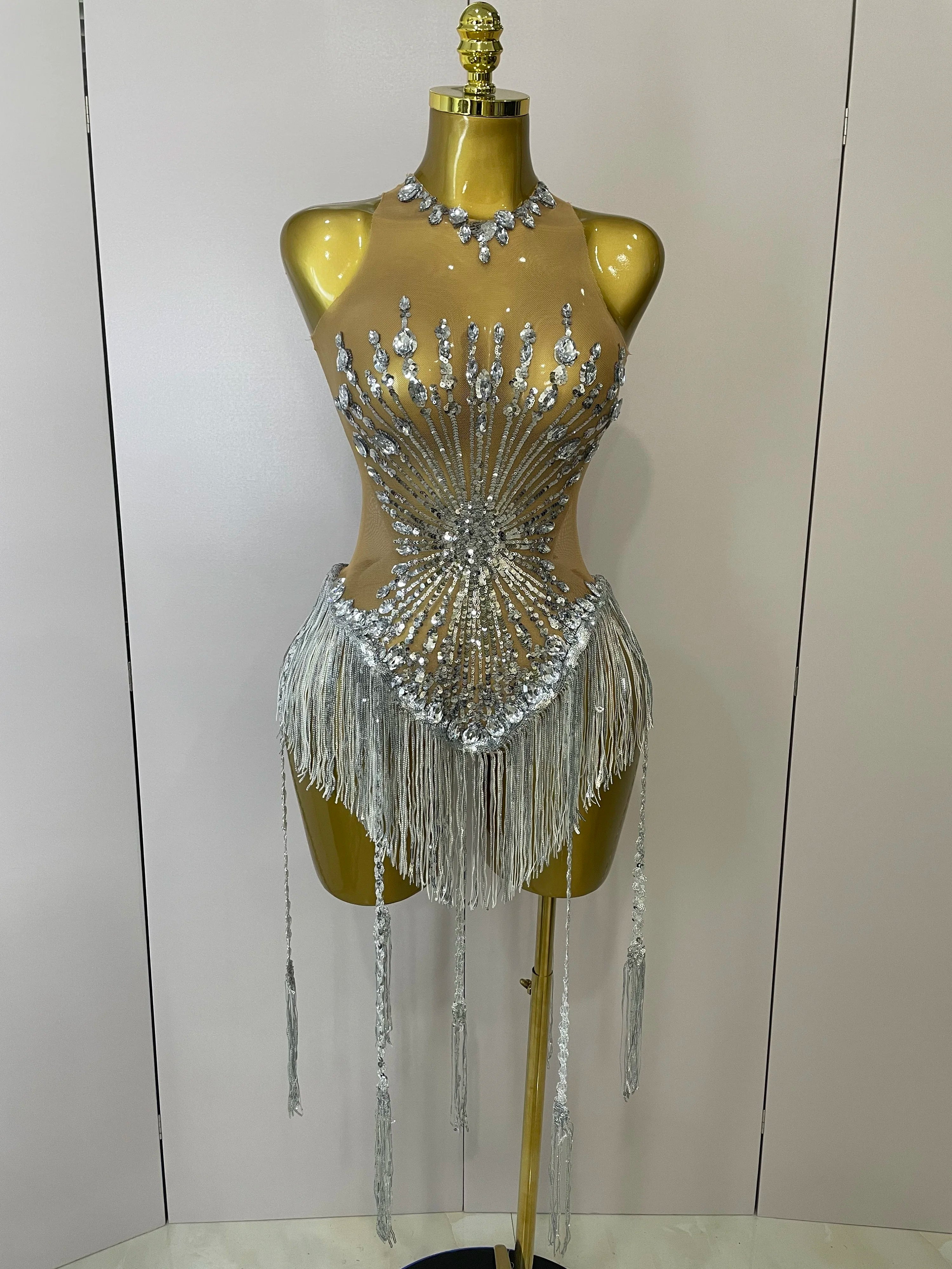 STOCK Sliver Sequins Shining Diamonds Sexy Mesh Long Tassel Bodysuit W ...