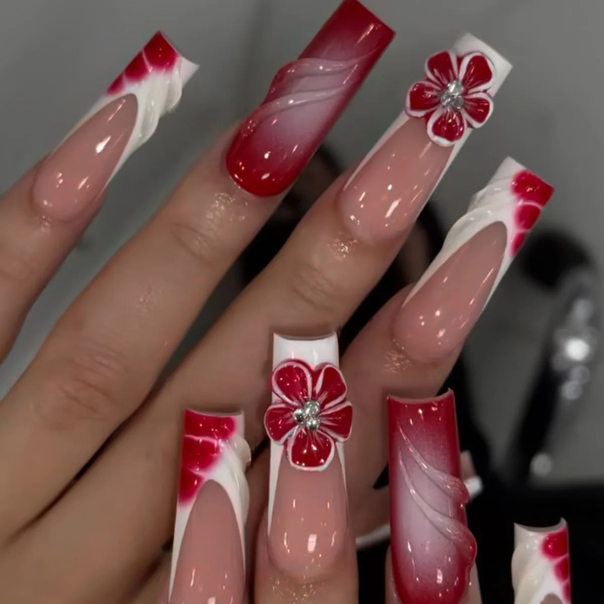 24Pcs Red Smudge French Full Cover Nails Tips Art Long Square Head Fak ...