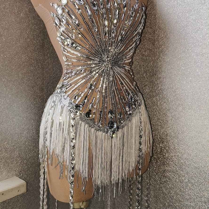 Sexy Rhinestone Crystal Bodysuit Women Big Stretch Tassel Club Prom Dr
