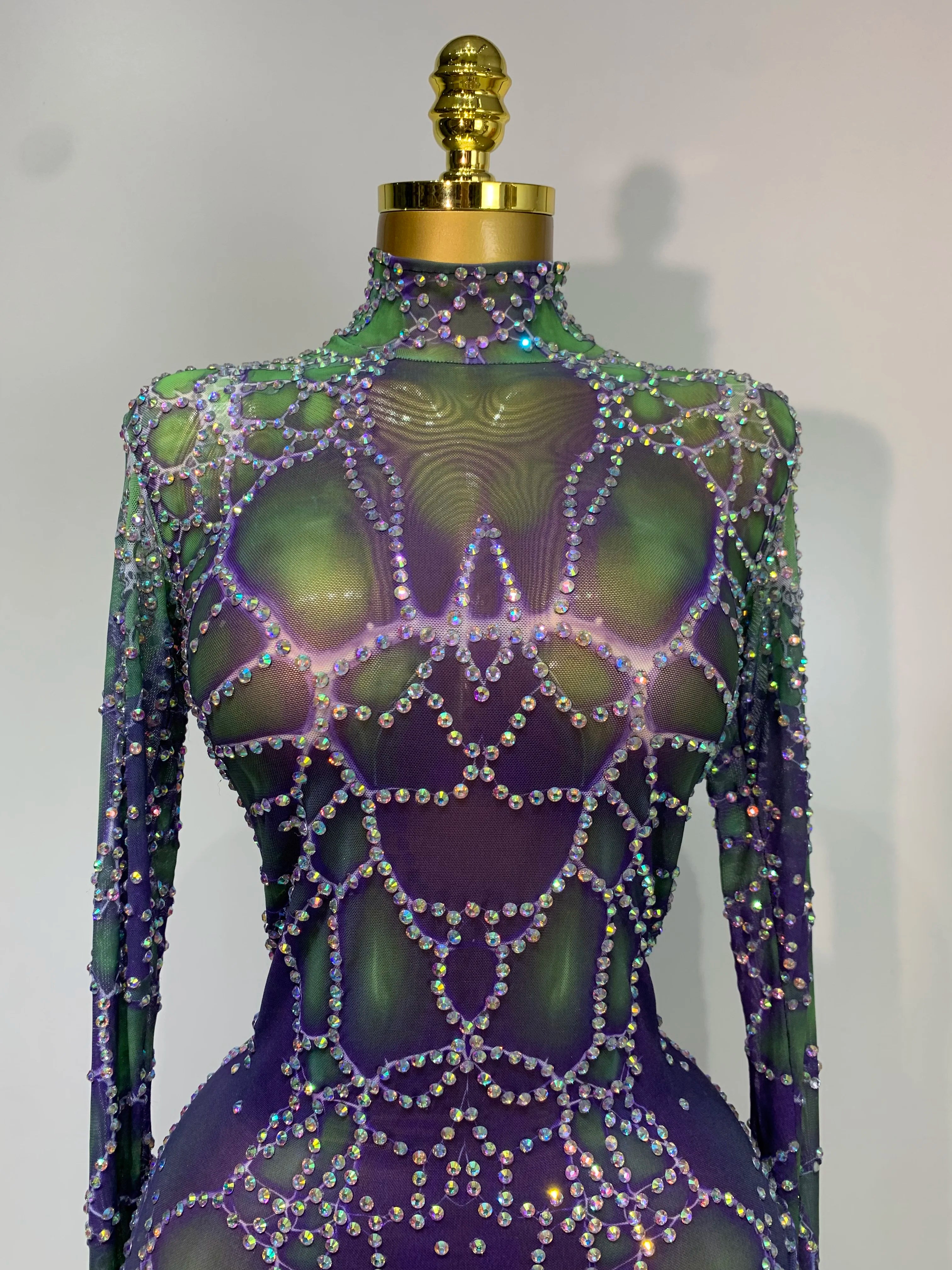 Women Sparkly Rhinestones Mesh Bodycon Jumpsuit Singer Stage Performan ...