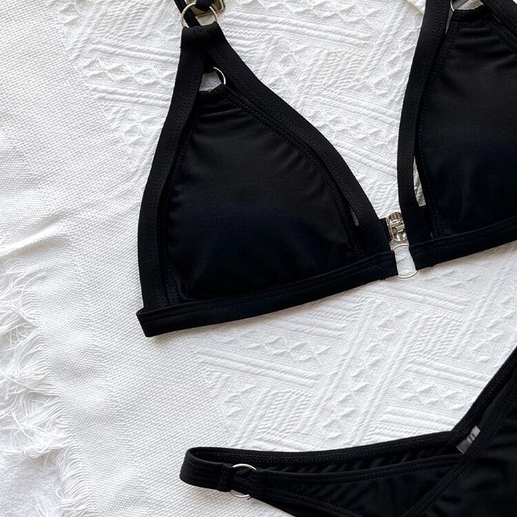Sexy Solid Strapped Bikini High Cut Push Up Hollow Swimsuit Swimwear
