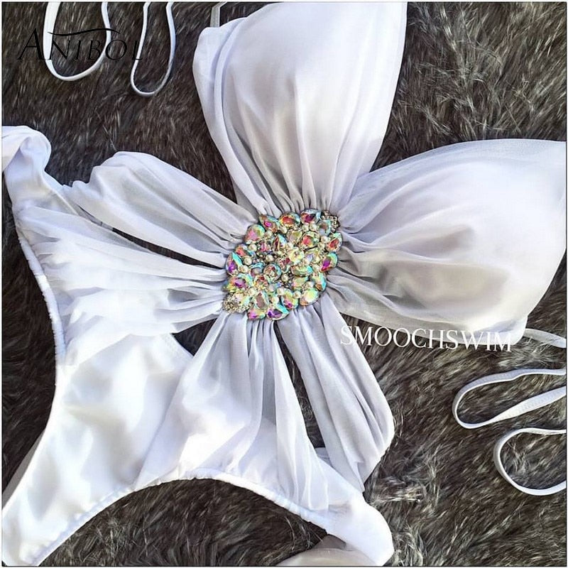 Rhinestone One Piece Push Up Swimwear Luxury Diamond Women White Swims ...